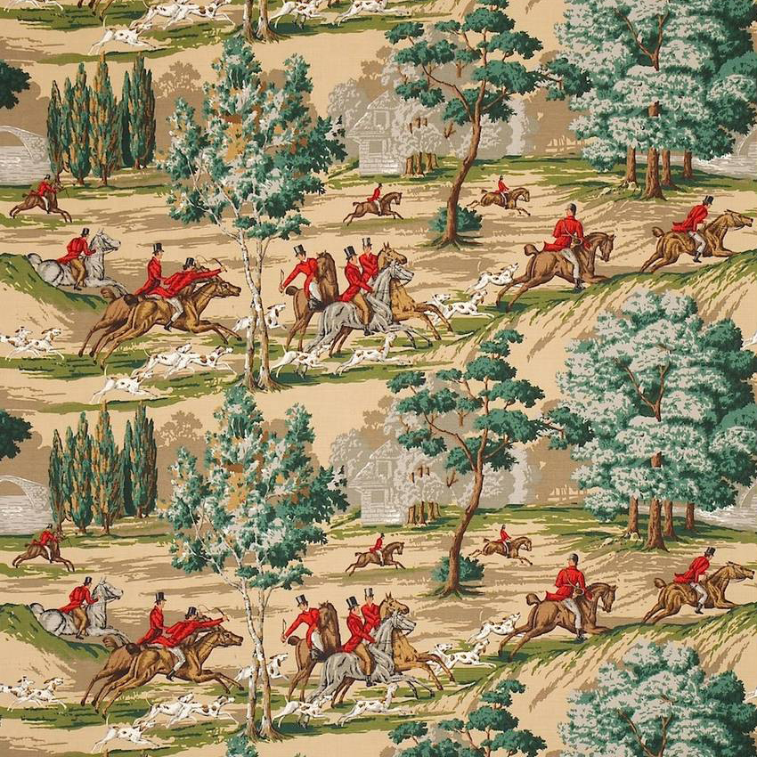 The Hunting Scene Sand / Green Fabric by Sanderson - Britannia Rose