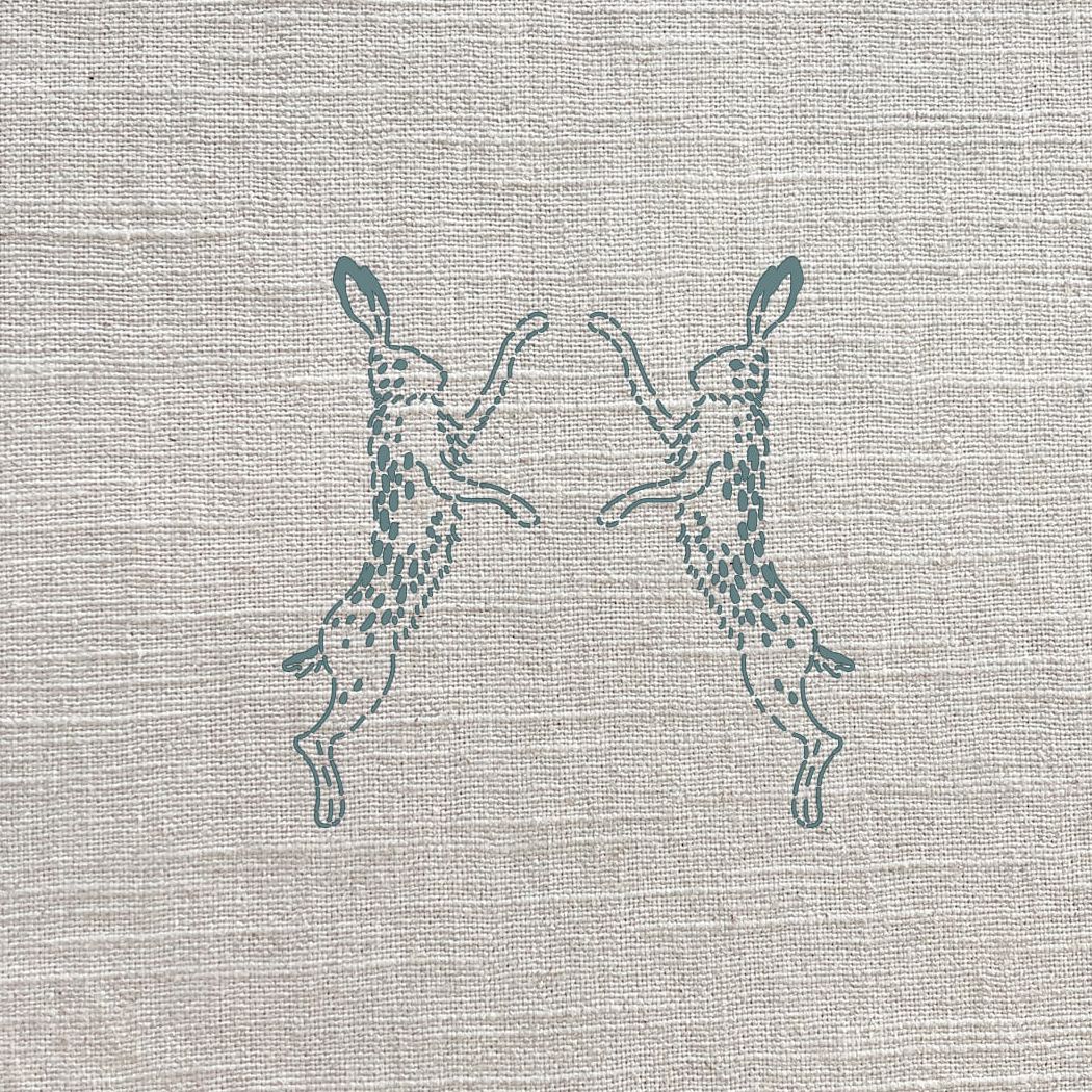 Boxing Hares Duck Egg Linen Fabric by Sophie Allport - Britannia Rose